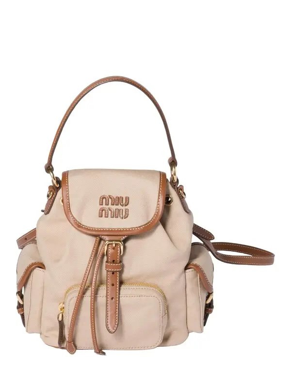 Miu Miu Canvas And Leather Backpack - Corduroy Beige/brandy