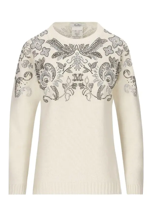 Max Mara Freshly Cut Wool Cashmere Round Neck Sweater With Rhinestones - White