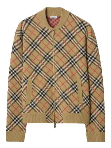 Burberry Check Knit Zip-up Bomber Jacket - Sand Beige