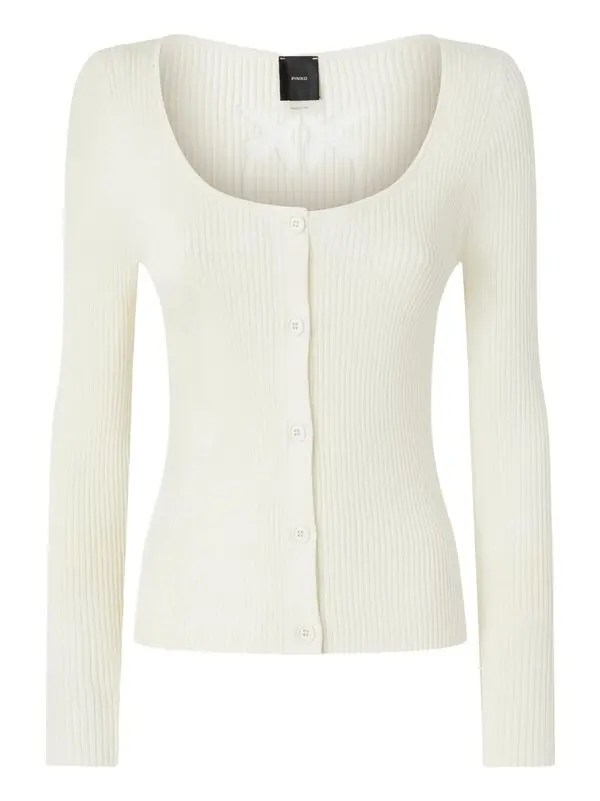 Pinko Ribbed Cropped Cardigan With Bird Logo Detail - Cream