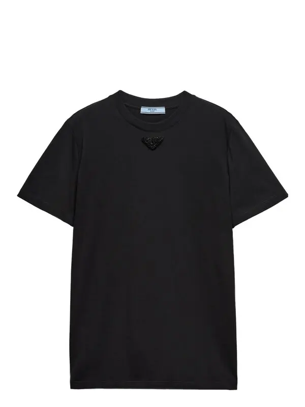 Prada Jersey T-shirt With Embroidered Triangle Detail - Black