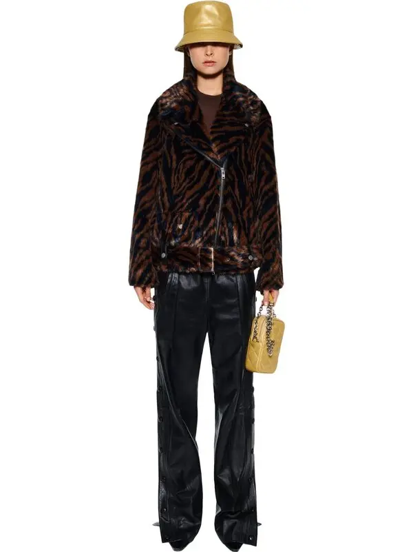 STAND STUDIO Animal Print Faux Fur Biker Jacket - Black