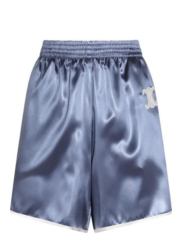 Celine Embroidered Logo Satin Shorts - Blue
