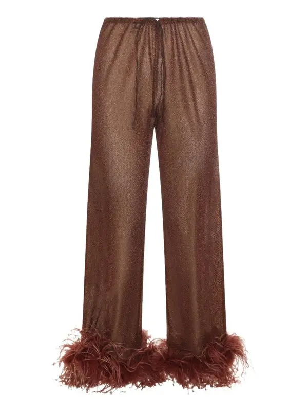Oseree Lurex Thread Trousers With Feather Hem - Brown