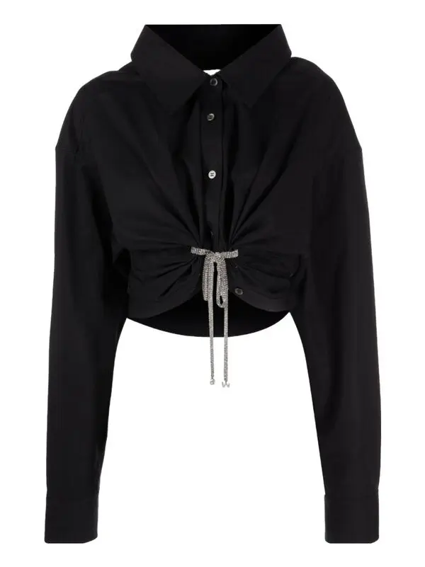 Alexander Wang Cropped Cotton Shirt With Crystal Lace Detail - Black