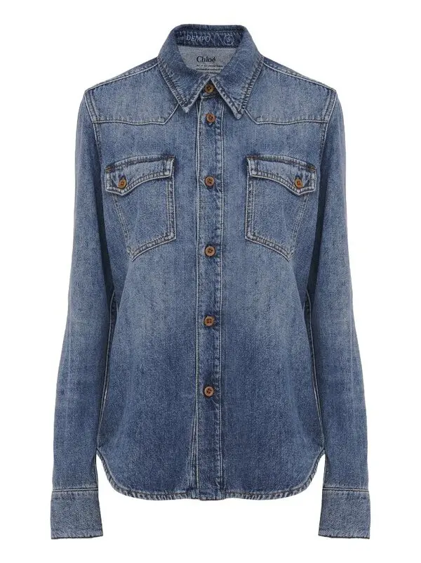 Chloé Long-sleeved Denim Shirt With Embroidered Logo - Blue