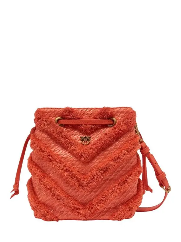 Pinko Raffia Bucket Bag With Chevron Pattern And Distressed Leather Details - Red