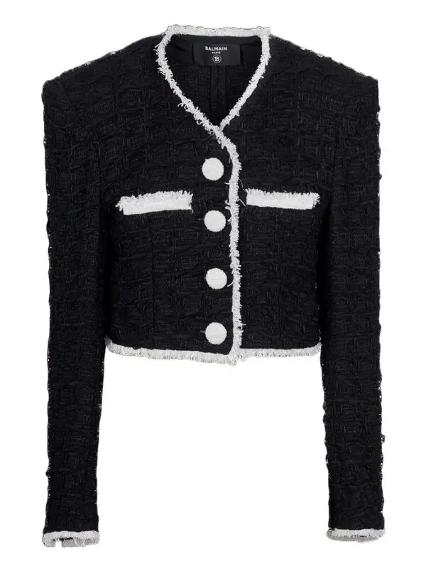 Balmain Cropped Tweed Jacket With Contrasting Trim - Black