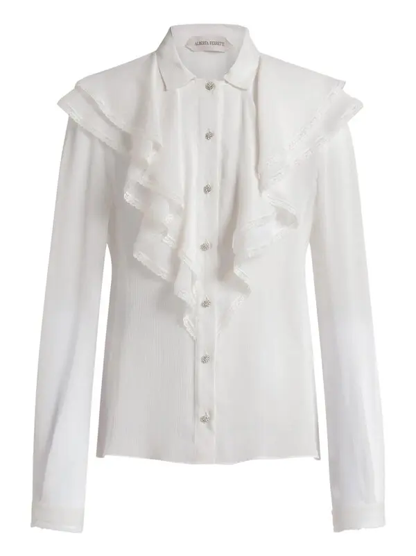 Alberta Ferretti Silk Creponne Ruffle Blouse - White