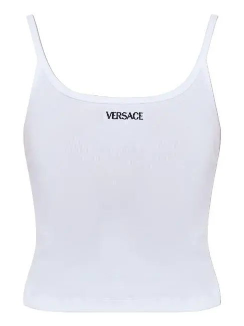 Versace Logo Embroidered Ribbed Sleeveless Top - White