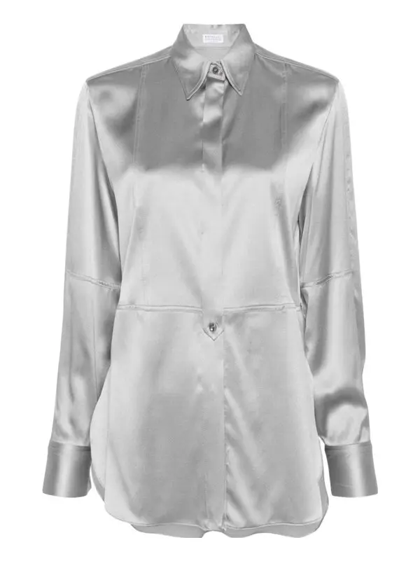Brunello Cucinelli Long-sleeve Satin Shirt With Classic Collar - Gray