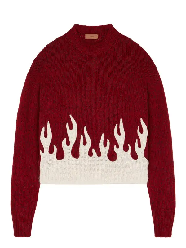 Alanui Crew Neck Wool-cashmere Blend Jumper With Flame Embroidery - Auburn/white