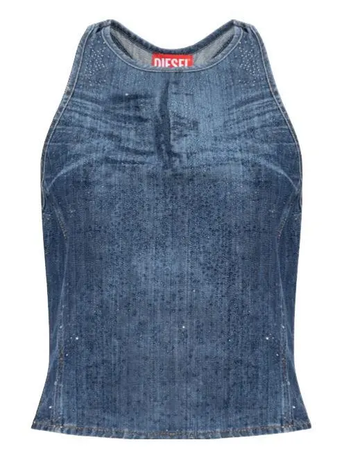DIESEL® Sleeveless Round Neck Embellished Denim Top - Medium Blue