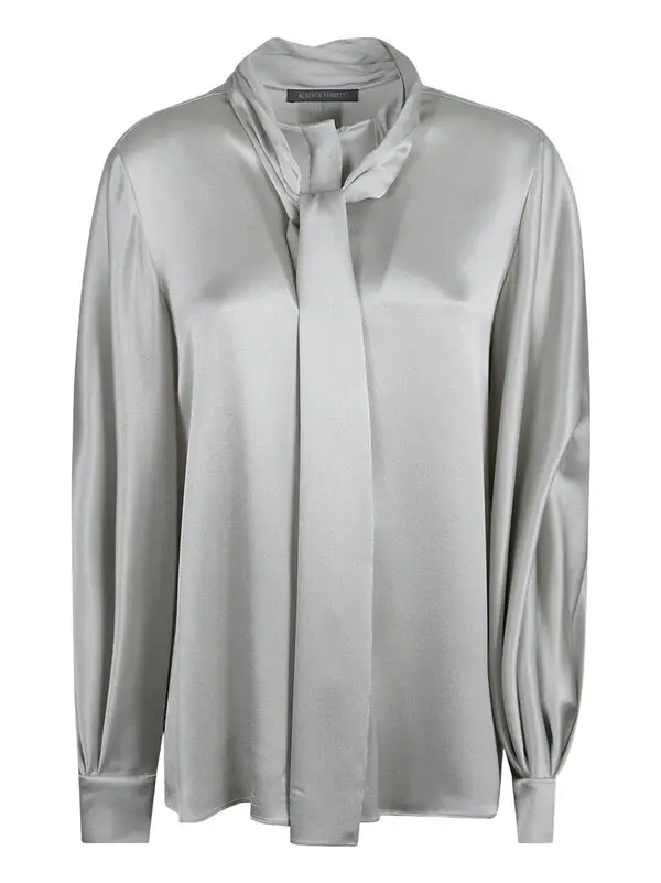 Alberta Ferretti Tie-neck Long-sleeve Top With Lace Neckline - Gray