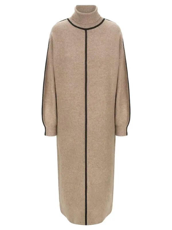 Staud Stretch Knit Turtleneck Maxi Dress With Piping - Brown