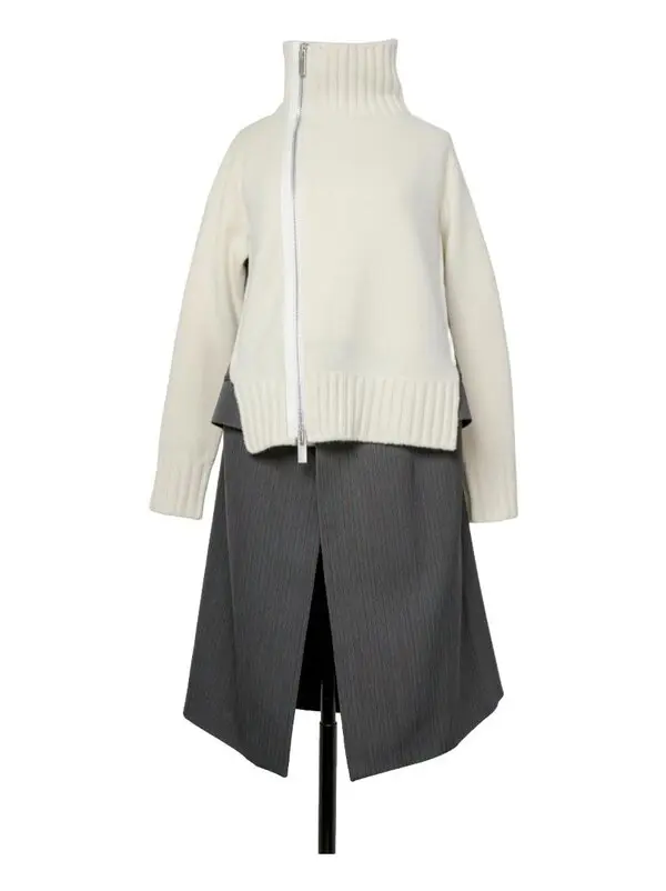Sacai Knit Sweater With Zip Closure And Vented Skirt - Off Whitegray