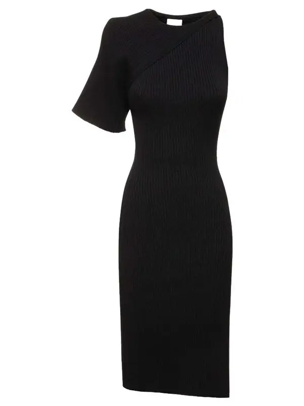COURREGES Asymmetrical Ribbed Dress With Short Sleeves And Side Slit - Black