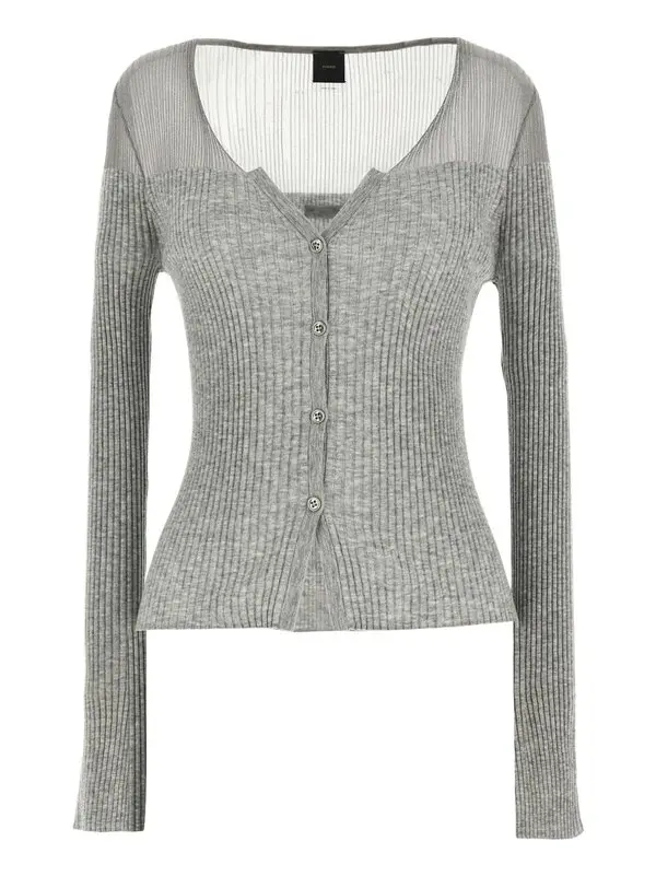 Pinko V-neck Ribbed Cardigan With Logo Patch - Gray