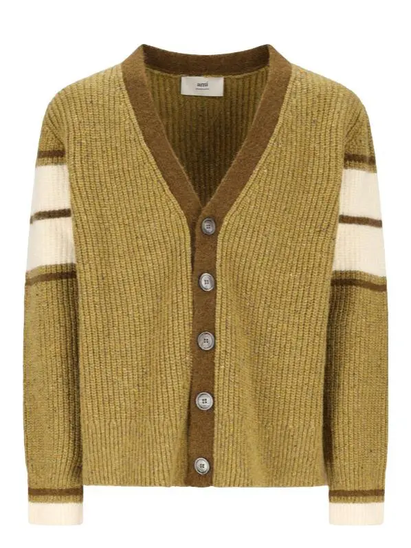 Ami V-neck Cardigan With Striped Sleeves - Green