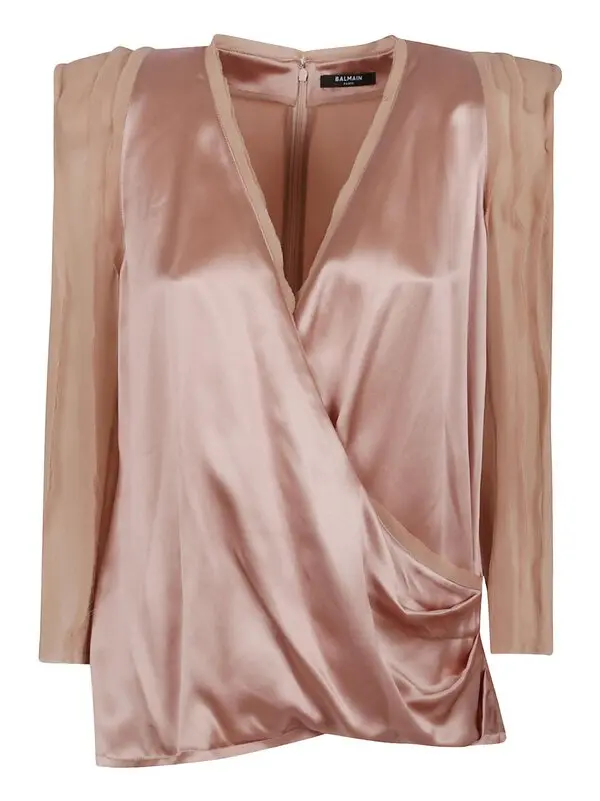 Balmain Shoulder-pad Satin Blouse - Pink Beige