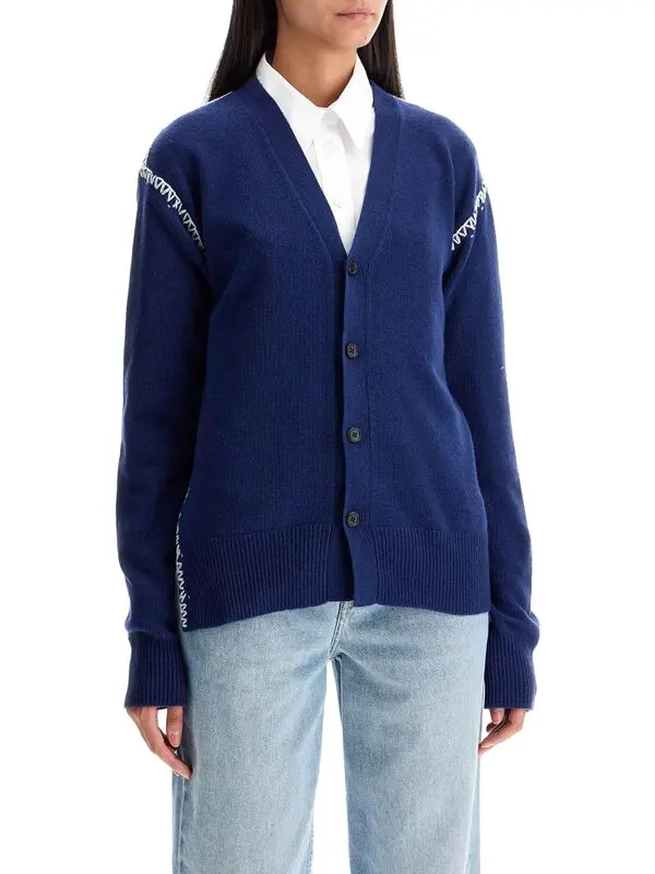 Marni Button-up Knit Cardigan With V-neck And Contrast Stitching - Blue