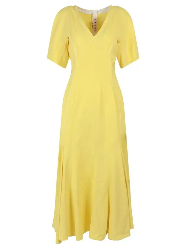 Marni V-neck Puff Sleeve Midi Dress - Yellow