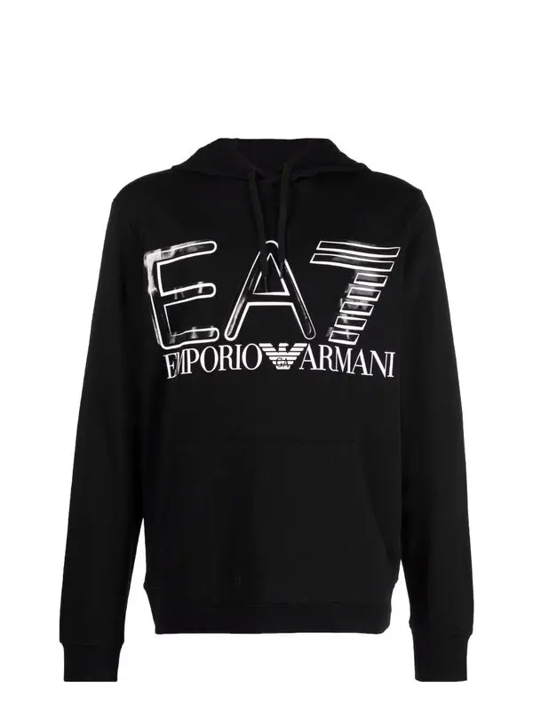 EA7 Logo Print Pullover Hoodie - Black