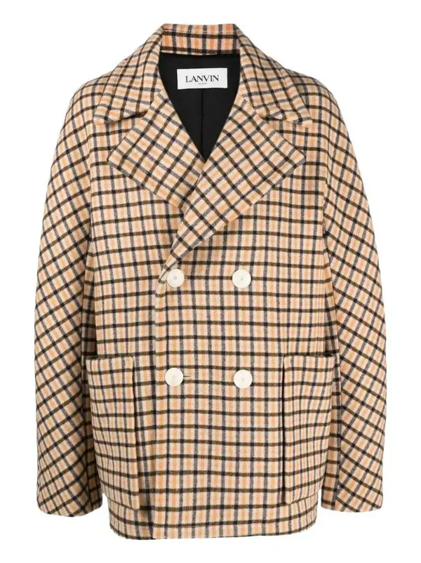 LANVIN Check Pattern Double Breasted Short Coat - Nude