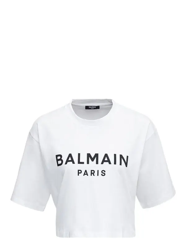 Balmain Logo Printed Crewneck Cropped T-shirt - White