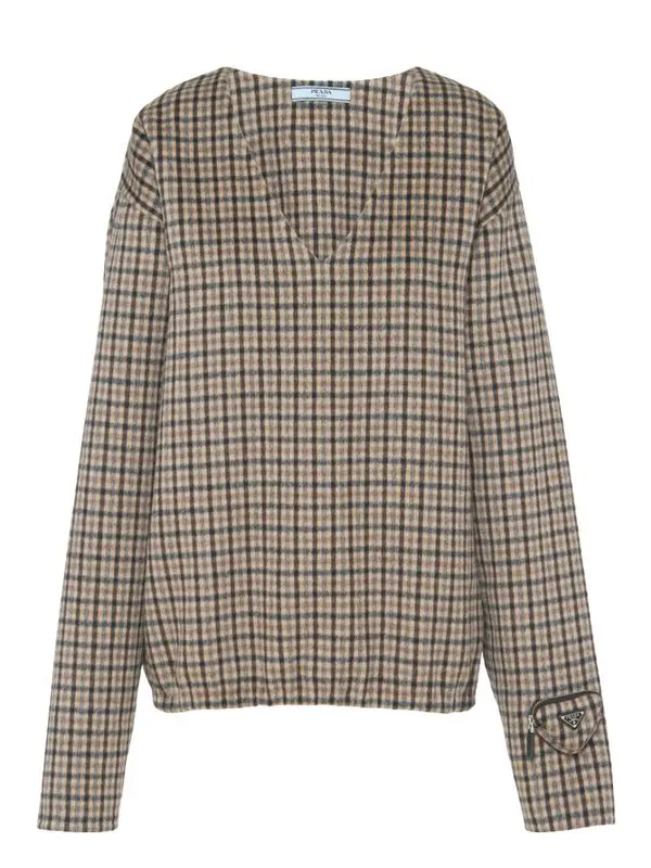 Prada V-neck Checked Pullover With Sleeve Logo Detail - Tobacco Color