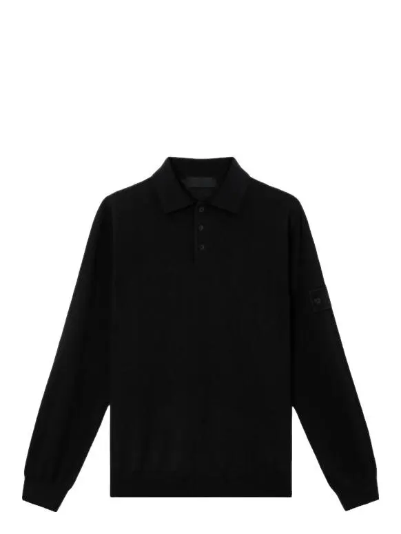 Stone Island Logo Patch Long Sleeved Polo Shirt - Black