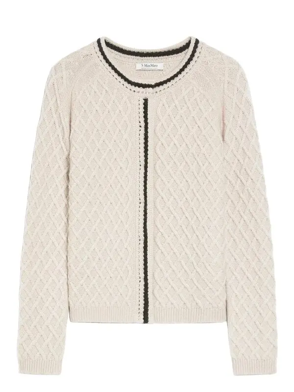 Max Mara Woolen Cardigan With Diamond Pattern And Crocheted Trim - Ivory White