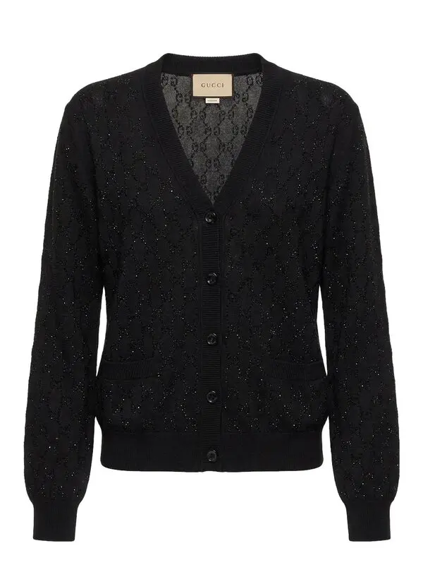 Gucci V-neck Knit Cardigan With Gg Crystal Embroidery - Black