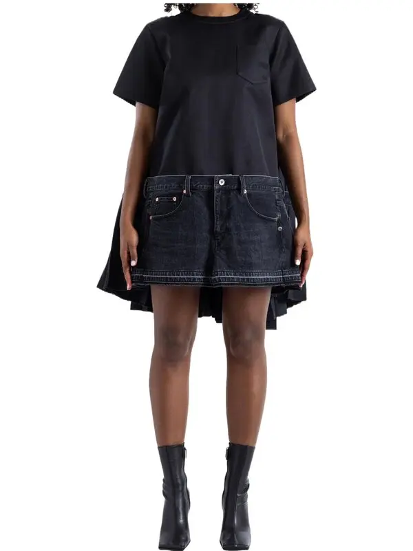 Sacai Short-sleeved Crewneck Dress With Denim Skirt Overlay - Black