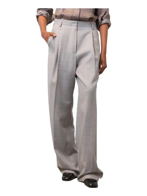 Dries Van Noten Wide Leg Plaid Trousers - Light Grey
