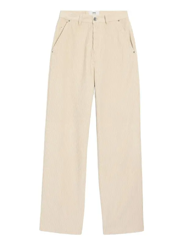 Ami Corduroy Trousers With Logo Patch - Ivory