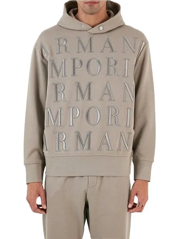 Emporio Armani Logo Patterned Hooded Sweater - Nude