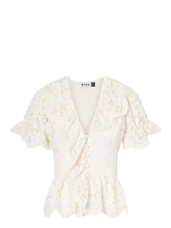 Rixo Lace Embellished Ruffled V-neck Top - White