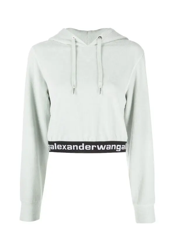 Alexander Wang Fine-ribbed Cropped Hoodie With Logo Waistband - Green