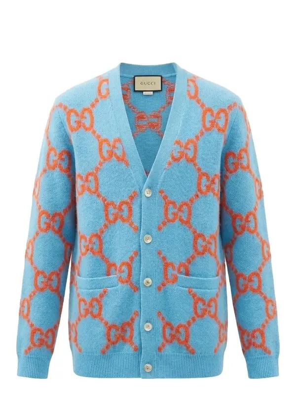 Gucci Gg Intarsia Knit Cardigan - Blue