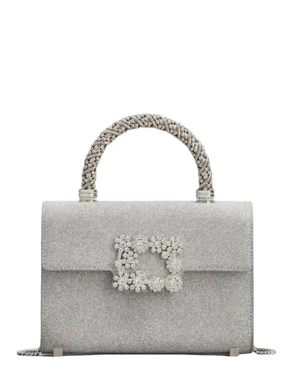 ROGER VIVIER Flower Strass Jewel Buckle Clutch Bag In Glitter Fabric - Silver