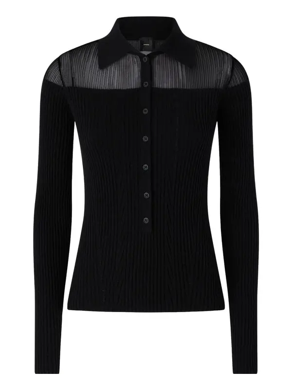 Pinko Ribbed Long-sleeved Polo Shirt With Semi-sheer Insert - Black