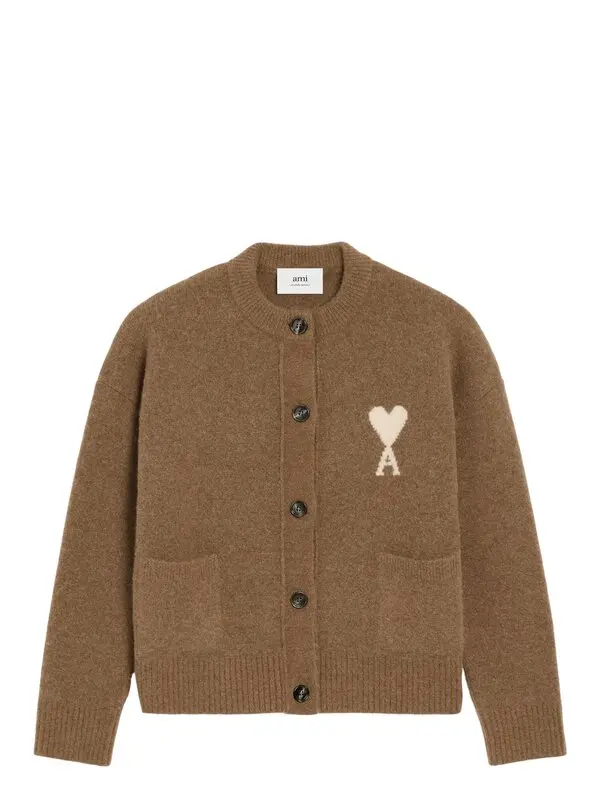 Ami Logo Detailed Knitted Cardigan - Hazelnut/off-white