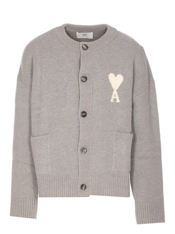 Ami Logo Intarsia Knitted Cardigan - Grey