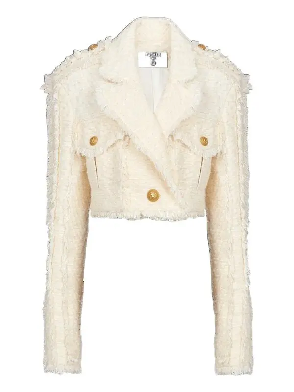 Balmain Short Fringed Tweed Jacket - White