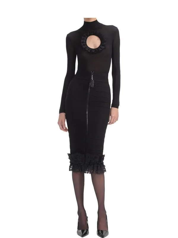 SELF-PORTRAIT Ruffled Knitted Midi Dress With Exposed Zipper - Black