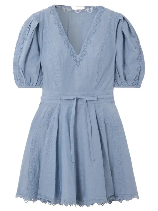 Ulla Johnson Camilla Belted Embroidered Cotton-chambray Mini Dress - Blue