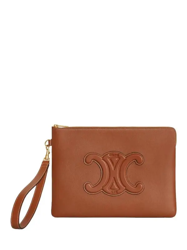 Celine Small Pouch With Strap In Triomphe Leather - Tan