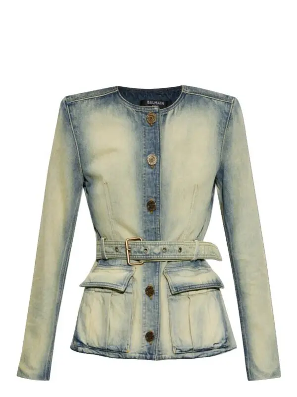 Balmain Belted Denim Blazer - Nude