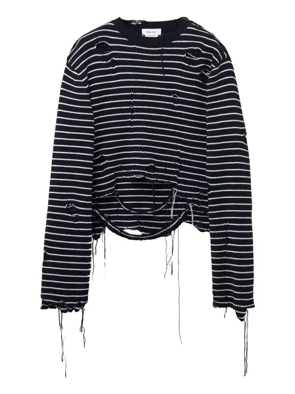 Alexander McQueen Striped Distressed Crewneck Jumper - Navy Blue/ivory